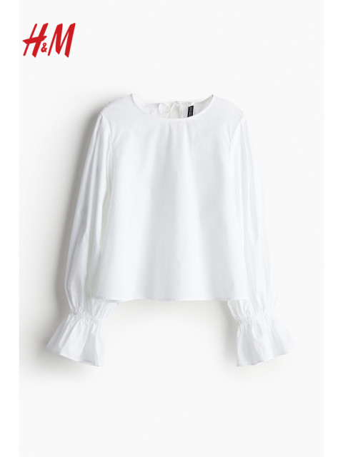 HM women's shirt spring French round neck long sleeve short cotton lace ...