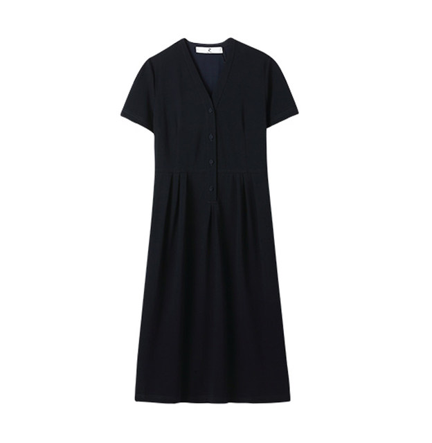 ise brand authentic summer V-neck dress short-sleeved solid color pique ...