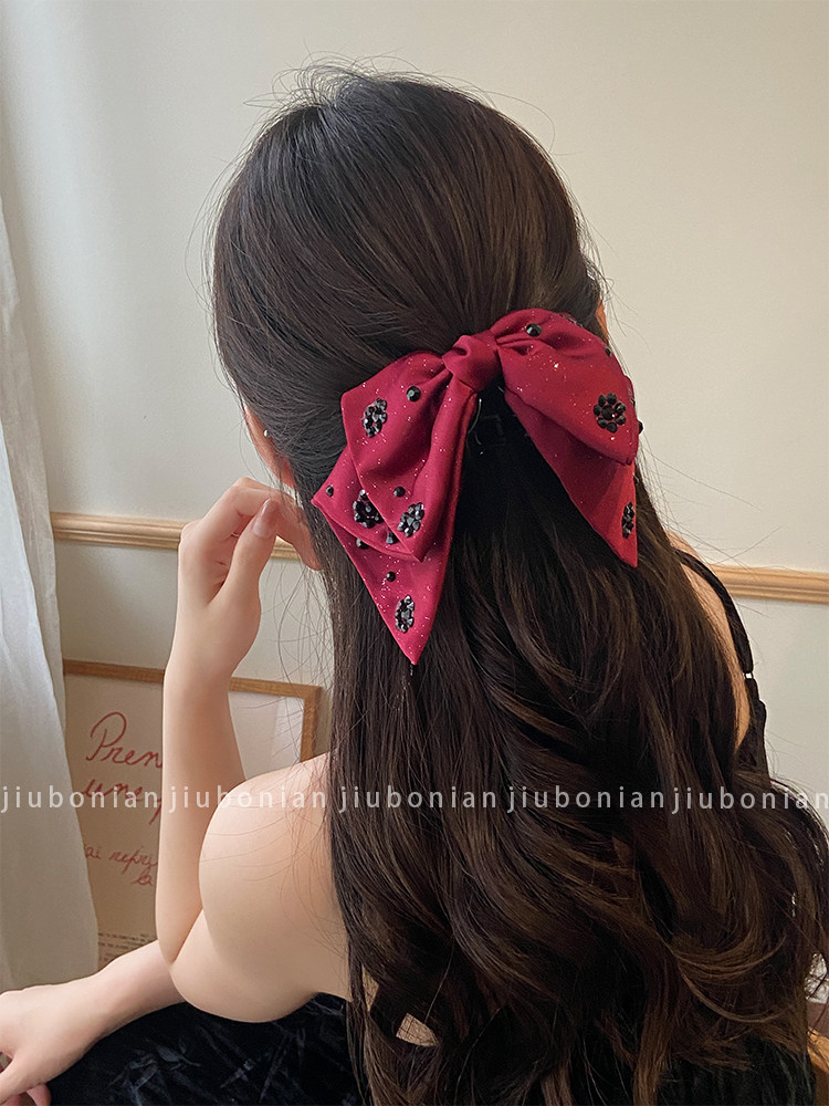 French high -level sense satin grabbing bow horses tail clip female ...