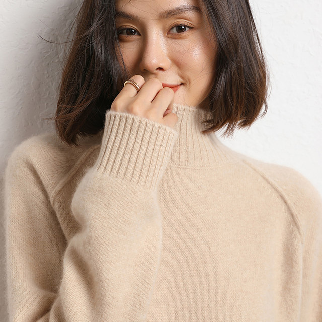 Half -high -necked cashmere sweater, loose hip sweater, lazy wind ...