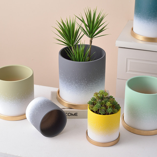 Gradient Nordic minimalist creative round ceramic flowerpot with tray ...