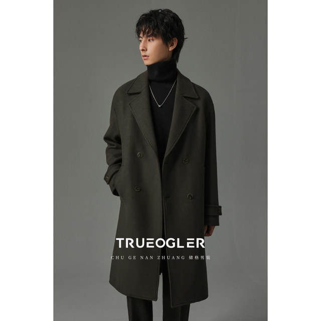 Wool coat men's medium long double -breasted winter plush woolen woolen ...