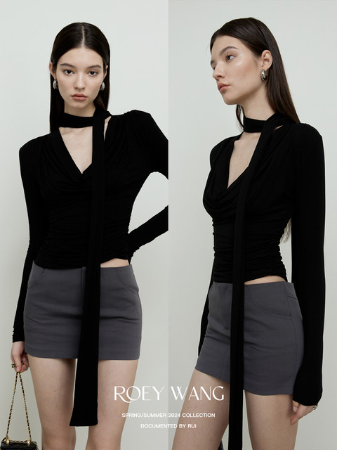 ROEYWANGV neck wavy pile neck hang neck integrated streamer slim knit ...
