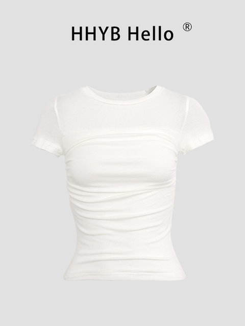 HHYB is fine, double-layer pleated short-sleeved T-shirt 2025 spring ...