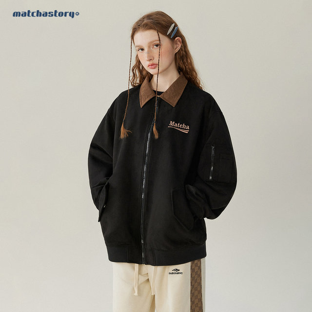 MATCHASTORY Matcha Story Lapel Contrast Color American Retro Suede ...