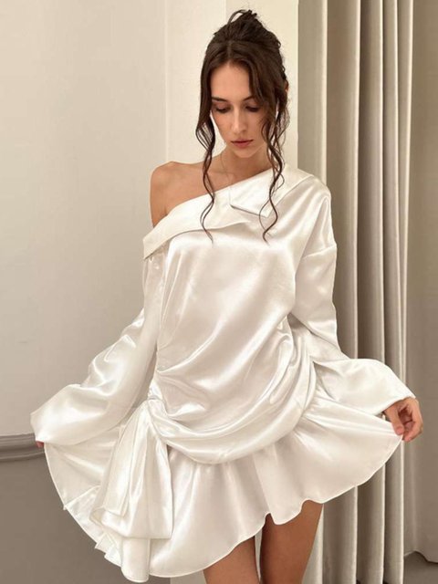 Weird girl French high-end satin diagonal collar ruffle dress for women ...