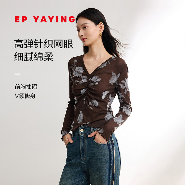 EP Yaying Women's Fit Slim Printed Mesh Bottoming Top 2024 Autumn New ...