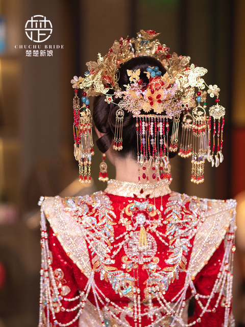 Bride's headgear new Chinese golden red luxury phoenix crown wedding ...