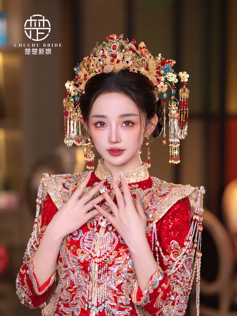 Bride's headgear new Chinese golden red luxury phoenix crown wedding ...