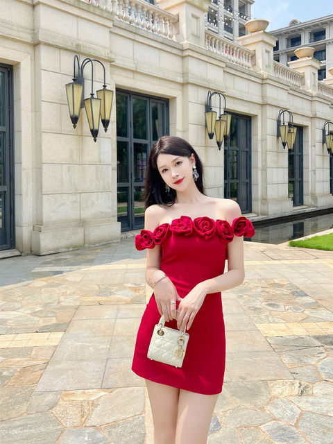 【Rose Red】V@1Entin0 Hand-Sewn Rose Flower Off-Shoulder Dress