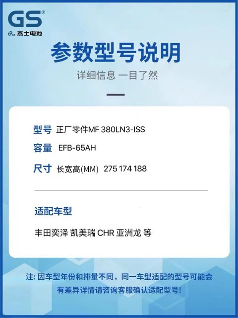 GS unified battery start and stop 380LN3 adapting Toyota Yize Camry CHR Asia dragon 65A car battery