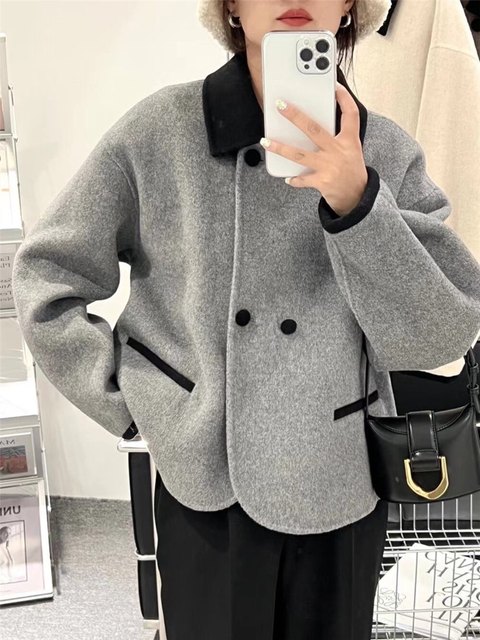Autumn and winter new style small fragrant style contrasting double-sided wool coat short style ...