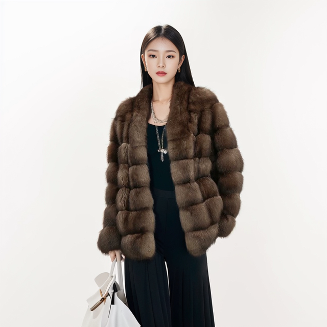 Imported Russian sable winter fur coat women's short V-neck long ...