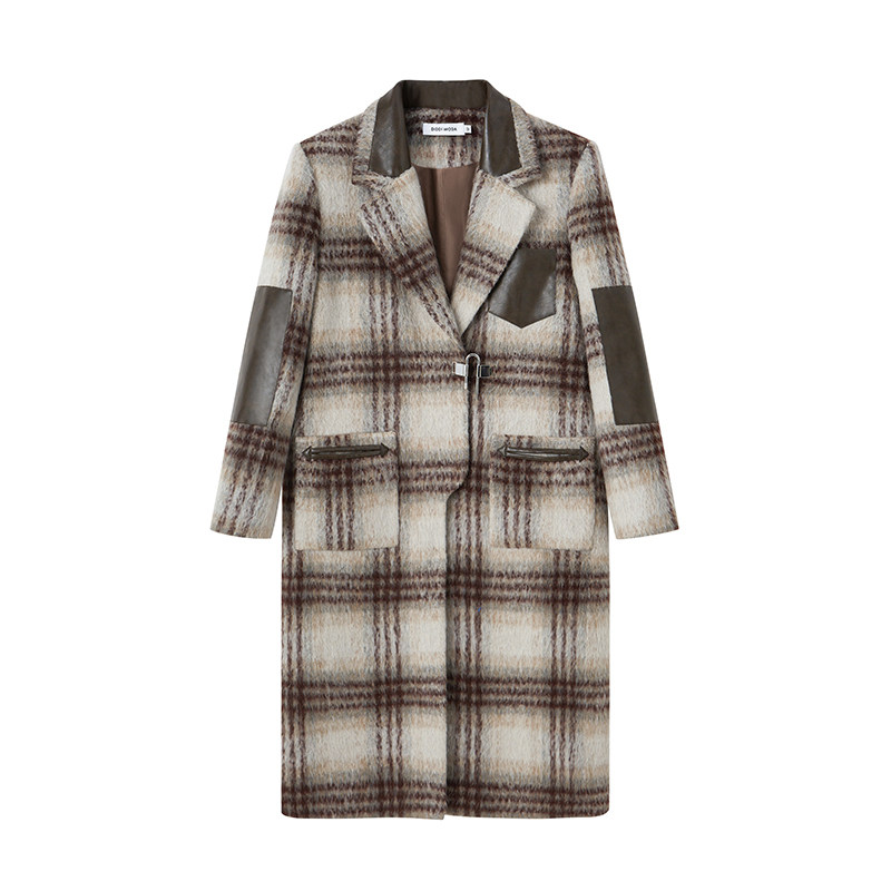 DIDDI MODA 拼皮毛呢大衣女 秋冬新款挂锁风衣