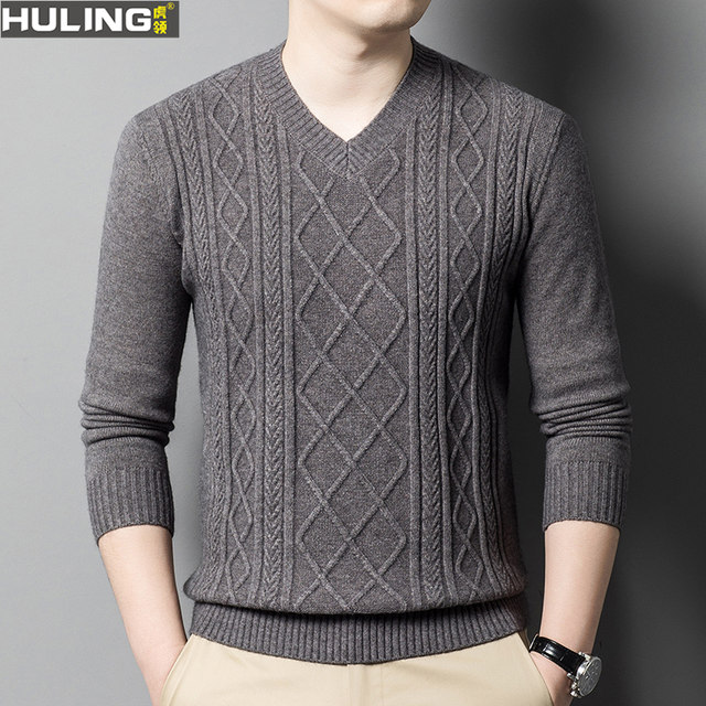 100% pure wool sweater jacquard solid color V-neck sweater men's autumn ...