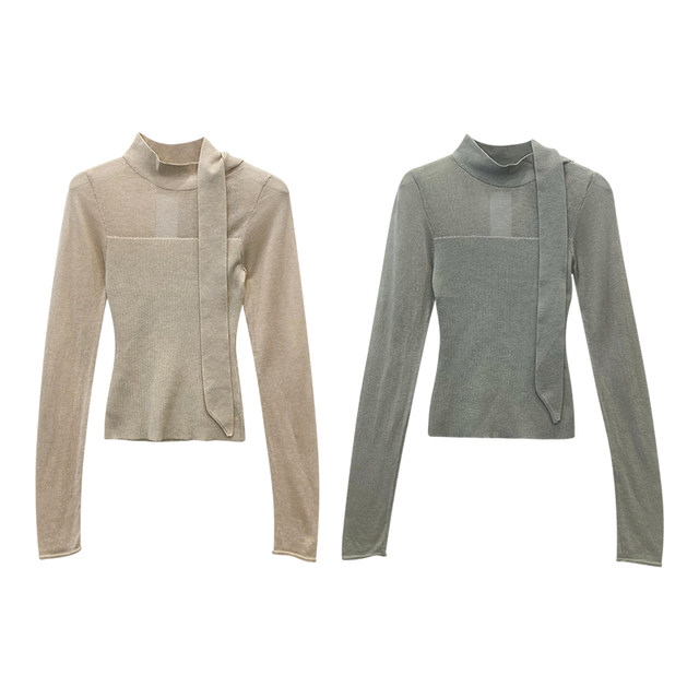 Spring body-sliding ribbon waist-hugging sweater slim long-sleeved top ...