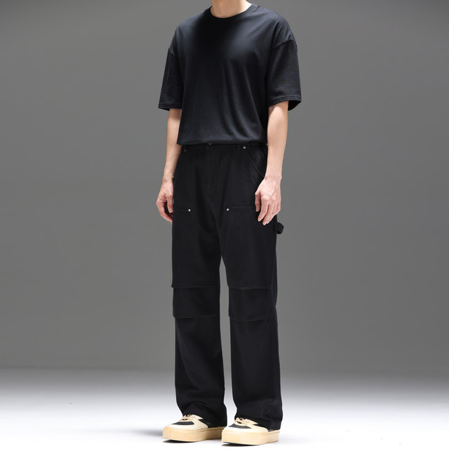 UNKNOWTAL Knee pleated straight leg loose buttoned lumberjack overalls ...