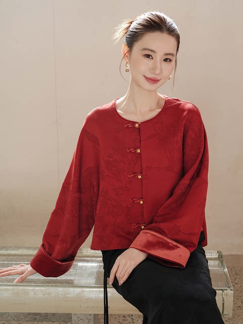 Memories new Chinese style top 2025 spring new red buckle jacquard high ...
