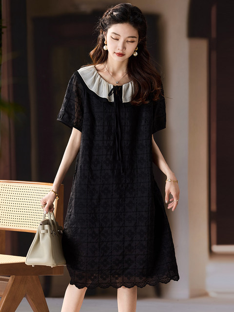 Plain wood temperament black embroidered chiffon dress for women in summer new style skirt 2025 ...