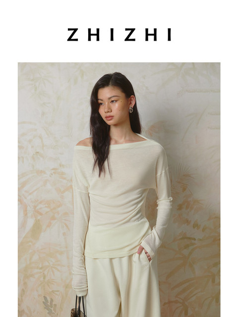Zhizhi ZHIZHI Meiyingwu full wool off-shoulder T-shirt for women 25 early spring new product ...