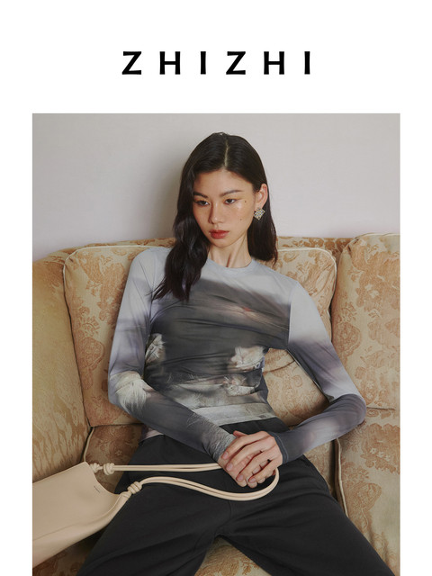 Brand Star Pin Zhizhi Yungaixue Cat Printed Skin Clothes for Women 25 Spring New Mesh T-shirt ...