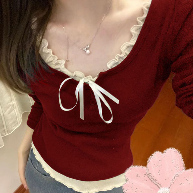 Bluster red fake two pieces wearing bottoming shirts female spring and ...