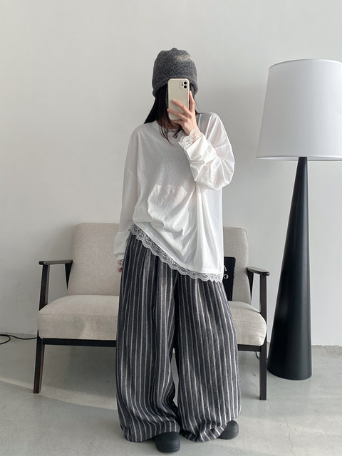 sun yuzu single wear inside with small handmade lace splicing mid-length round neck loose white ...