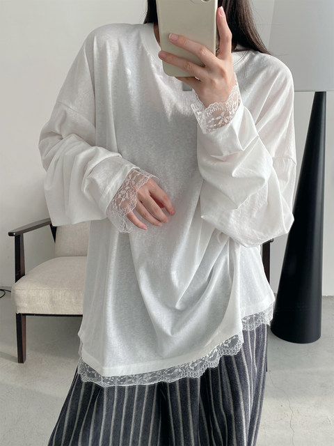 sun yuzu single wear inside with small handmade lace splicing mid-length round neck loose white ...