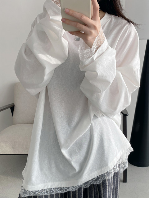 sun yuzu single wear inside with small handmade lace splicing mid-length round neck loose white ...