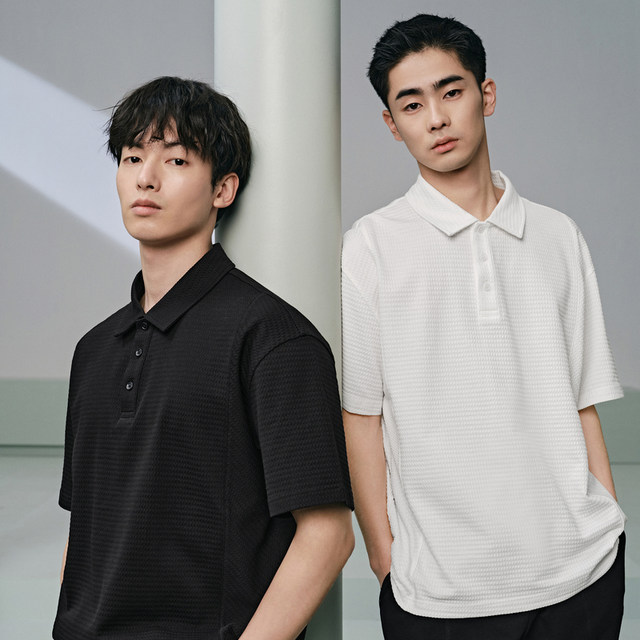 GXG men's texture small square grid casual POLO shirt men's simple loose lapel short -sleeved T ...