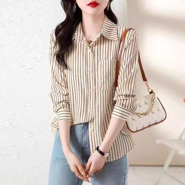 2024 early autumn French casual striped shirt female new long -sleeved ...