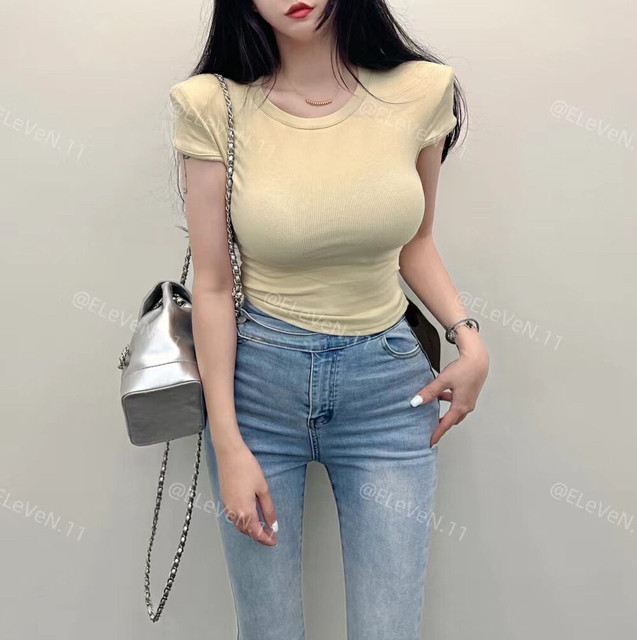 Korean version 24 high waist sexy versatile round neck short-sleeved T ...