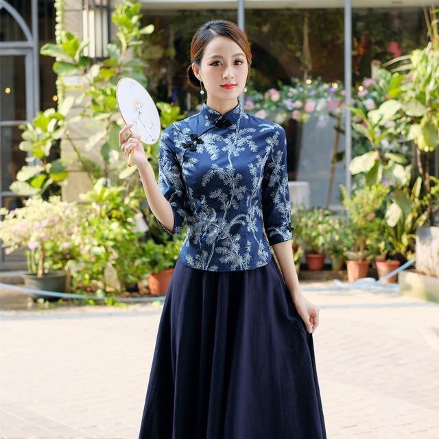 Cheongsam top Chinese Tang suit women's three-quarter sleeve printed ...