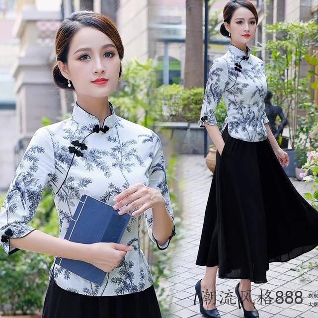Cheongsam top Chinese Tang suit women's three-quarter sleeve printed ...