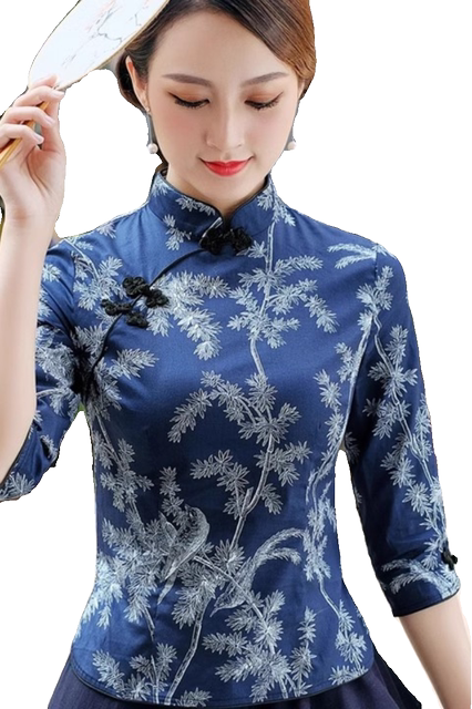 Cheongsam top Chinese Tang suit women's three-quarter sleeve printed ...