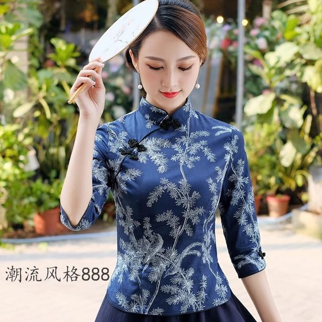 Cheongsam top Chinese Tang suit women's three-quarter sleeve printed ...