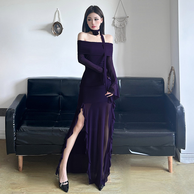 HEYOUNGIRL Tipsy Rose Ruffle Slit One Shoulder Long Sleeve Dress Yujie ...
