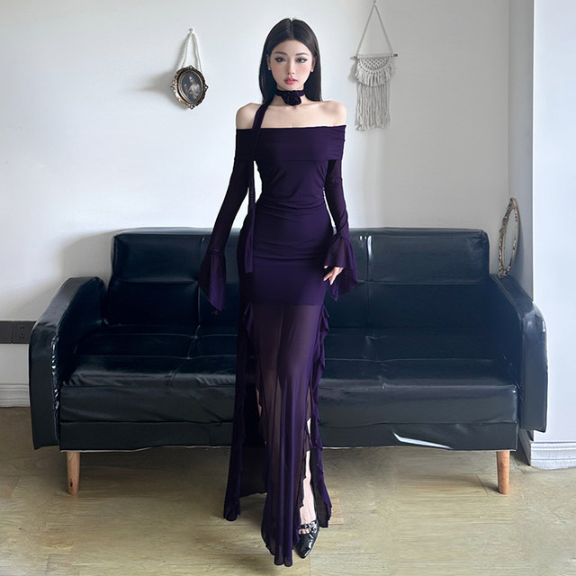 HEYOUNGIRL Tipsy Rose Ruffle Slit One Shoulder Long Sleeve Dress Yujie ...