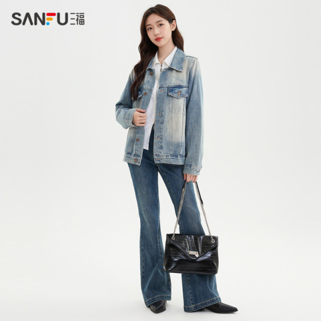Sanfu Denim Jacket 2024 New Autumn Retro Gradient Frayed Loose Lapel ...