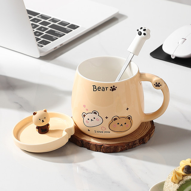 Household cute bear drinking cup ceramic mug with lid spoon cartoon ...