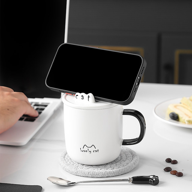 Cat mug cartoon ceramic mug creative mobile phone holder drinking cup ...
