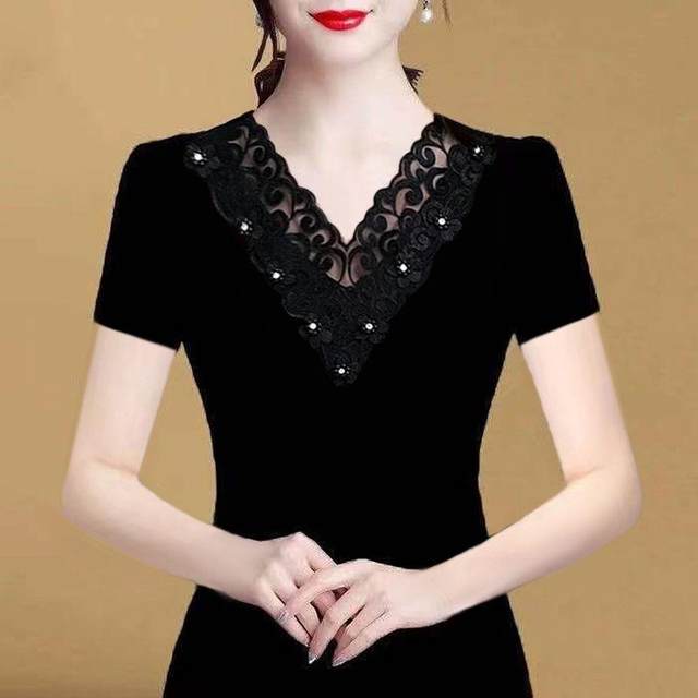 Black high -necked bottom shirt female spring new T -shirt lace mesh ...