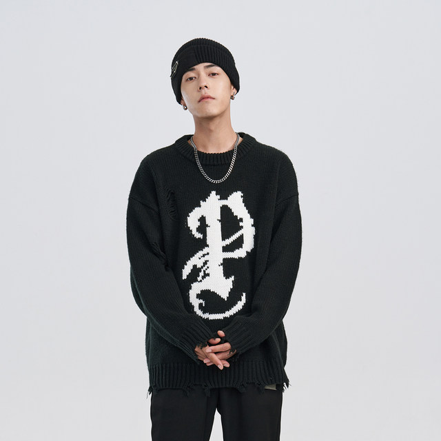 PCLP mosaic P word sweater American retro winter lazy wind destroys ...