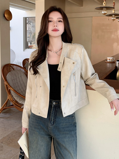 Rice and apricot color sweet and cool handsome short motorcycle suit ...