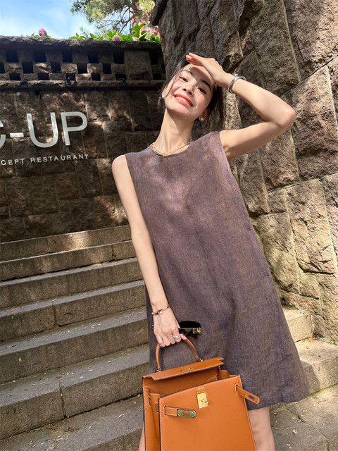 LICKYSENIOR linen ops vest dress for women summer new style casual loose mid-length skirt