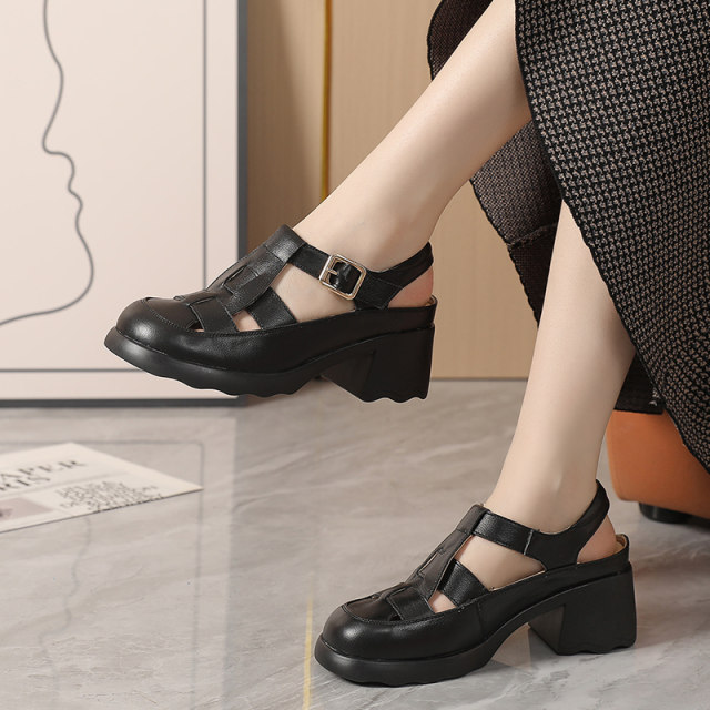 Genuine leather toe-toe sandals for women 2024 new summer hollow pig ...