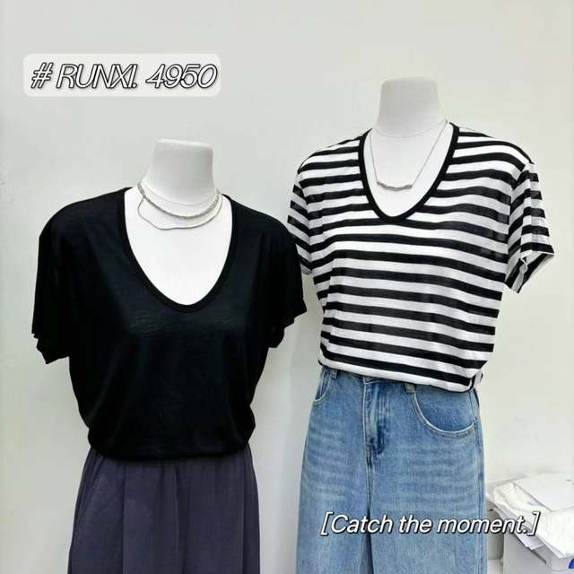 Runxi runxi4950-6 Lyocell short-sleeved mask t-shirt for women 2024 cool striped thin summer top
