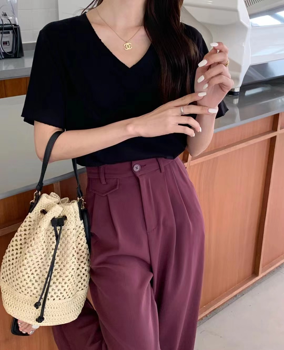 Runxi’s new 54070 models of versatile slim wash water solid color V-neck loose cotton women’s ...