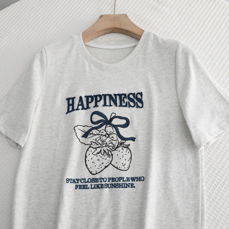 Wide-style ~ Light gray strawberry embroidered print shoulder T-shirt ...