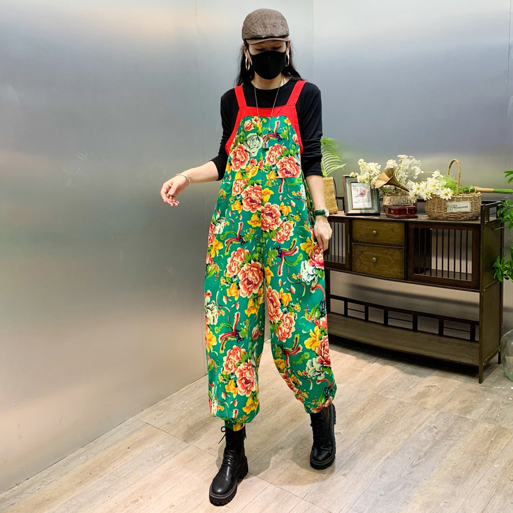 Large size Northeast large flower overalls for women's cotton and linen ...